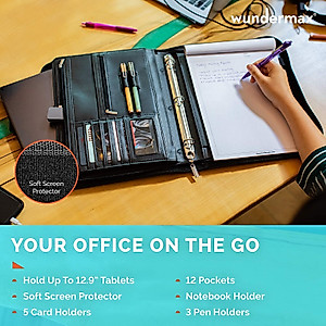 Wundermax Portfolio Binder - 13 x 10.7 x 1.9 Inch, Vegan Leather, 3-Ring Padfolio for Women and Men w/Handle, Zipper, Notepad, Detachable Binder and Pockets for Tablet, Resume and Documents - Black