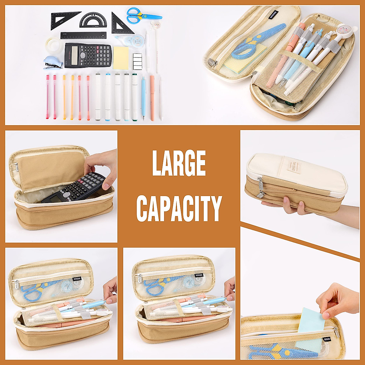 logwinter Pencil Case Large Capacity Pencil Box For School Student Kid Teen Back to School Pencil Bag Office College Supplies Pencil Pouch Box (Khaki)