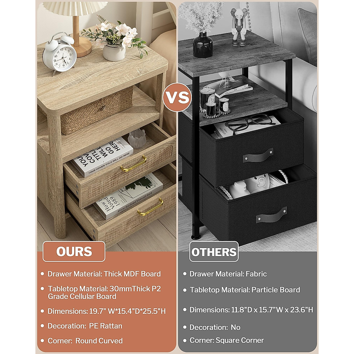 SHEEPPING Rattan Nightstands Set of 2 - Bedside Tables with 2 PE Rattan Drawers, Boho Night Stand with Open Wood Shelf, Farmhouse Bed Side Table/End Table for Bedroom Living Room, Natural, 25.5" H