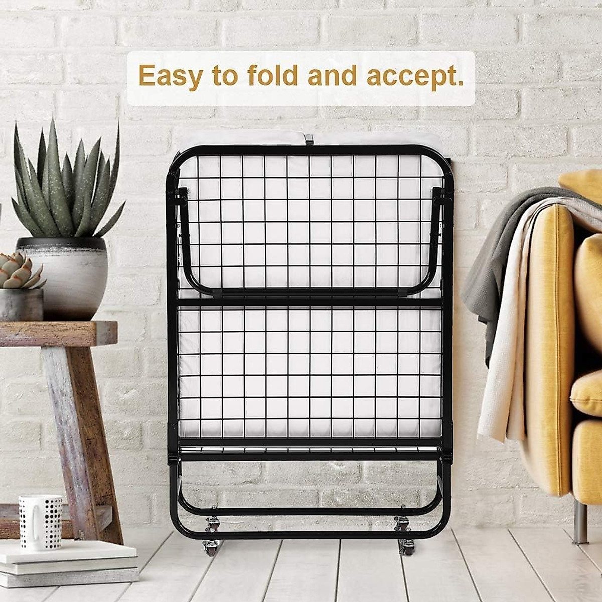 XXkseh Folding Guest Bed Portable Camping Cot with Wheels,Portable Beds Frame Heavy Duty Extra Roll Away Foldaway Memory Foam Mattress for Spare Bedroom & Office,L75 x W30 x H12 in，White