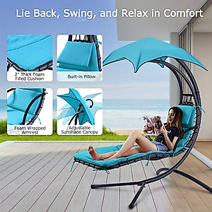 Dkelincs Hanging Lounge Chair, Outdoor Swinging Curved Chaise Lounge Chair with Canopy Umbrella and Pillow for Outside, Large Heavy Duty Egg Chair for Porch Patio Backyard Deck Blue