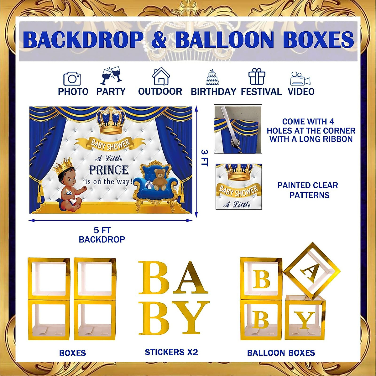 122 PCs Royal Prince Baby Shower Decorations for Boy, Fiesec A Little Prince Is On The Way Its Royal Baby Shower Backdrop Balloon Garland Banner Cake Cupcake Topper Crown Star Blue White Gold