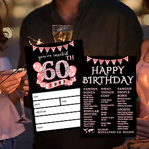 QZCYU 60th Birthday Invitations with Envelopes For Woman, 60th Birthday Party Invitations, Black & Rose Gold Adult Birthday Invitations - Set of 20