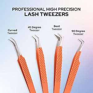 M LASH Tweezers for Eyelash Extensions (Set of 4) - Professional Lash Extension Tweezers - Fiber Tip, Japanese Steel, Diamond Grip Eyelash Extension Tweezer (Pink)