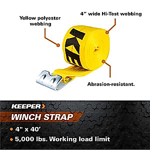 Keeper - 4" x 40’ Winch Strap With Flat Hook - 5,000 lbs. Working Load Limit And 15,000 lbs. Break Strength