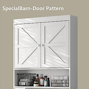 furomate Over The Toilet Storage Cabinet with Shelves and Doors, 32.3''W Free Standing Toilet Shelf Space Saver with Anti-Tip Design and Adjustable Bottom Bar, White