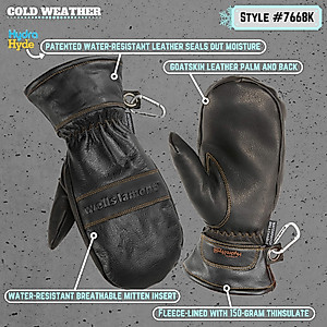 Wells Lamont Men's Black HydraHyde Leather Winter Mittens, Waterproof Insert, X-Large (7668XLK)
