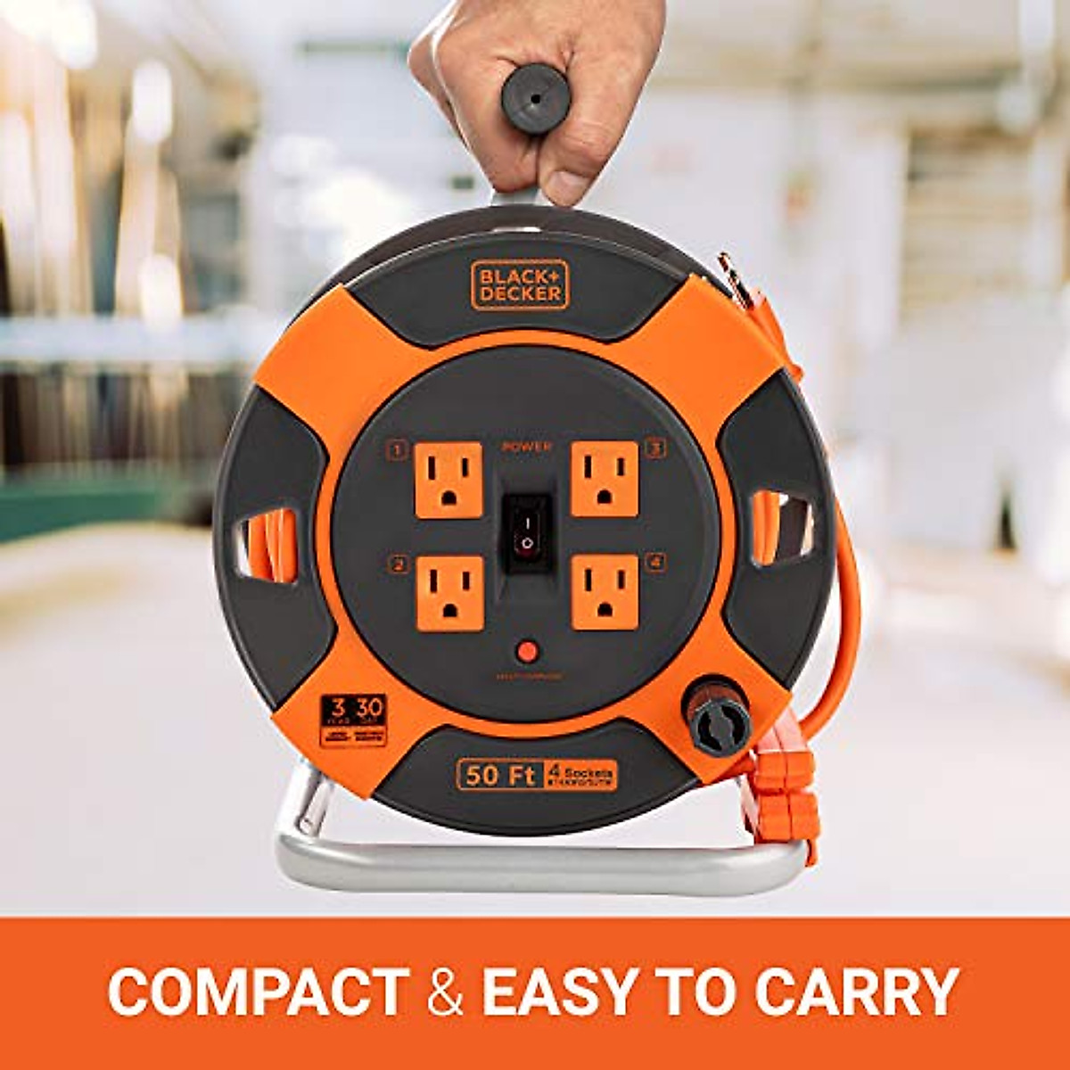BLACK+DECKER 50 Ft. Retractable Extension Cord Reel With 4 Outlets, Multi-Plug Extension, Easy Handle Rewind & Heavy-Duty 14AWG SJTW Cable
