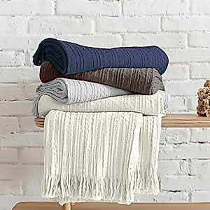 100% Cotton Throw Blanket, Waffle Woven Cream White Thin Decorative Blanket with Fringe, Rustic Pre-Washed Soft, Cozy, Light Weight Blanket for Couch, Travel, Farmhouse Boho Style Throw, 60'' x 80''