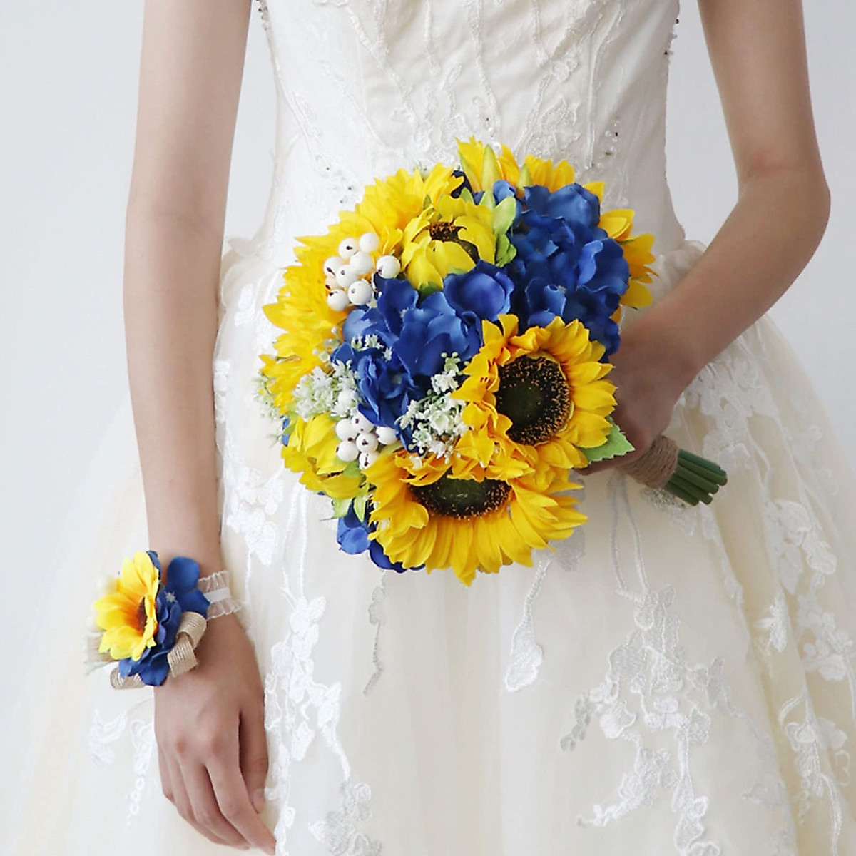 SMLJFO 2Pcs Artificial Flower Wrist Corsage Groom Boutonniere Sunflower Bride & Bridesmaid Corsage Wristlet Wedding Hand Flower Decor for Prom Suit Party Homecoming Graduation