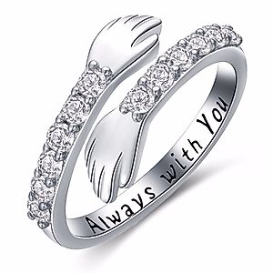 Hug Ring 925 Sterling Silver Rings Hugging Hand Jewelry Couple Hugs Finger Ring Adjustable Best Friend Rings Friendship Zircon Valentine's Day Gifts for Girl Women Granddaughter Wife