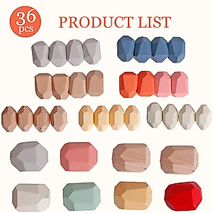 Dinhon 36pcs Colorful Blue Wood Stone Stacking Game Wooden Building Block Set Lightweight Natural Balance Weight Colorful Rock Block Educational Educational Toy