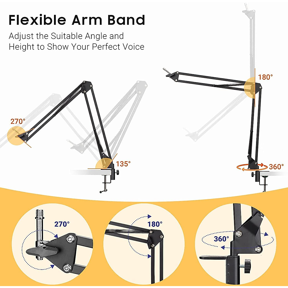 CAHAYA Microphone Arm Stand Boom Suspension Stand with 3/8" to 5/8" Screw Adapter, Mic Clip for Blue Yeti Nano Snowball Ice and Other Mics CY0262-1