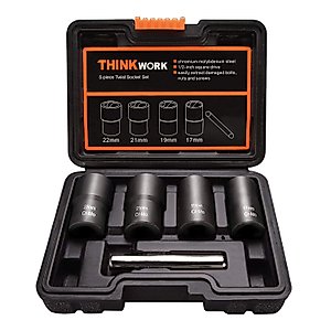 THINKWORK Lug Nut Remover, 5 Pieces Wheel Lock Removal Kit for Removing Stripped, Damaged, Frozen, Rusted, Rounded-Off Bolts, Nuts & Screws
