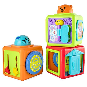 Bambiya Activity Cubes & Stacking Toy Blocks Set of 3 - Baby Blocks for Toddlers w/Animal Theme - Gross & Fine Motor Skills: Slide, Spin, Wiggle, Turn, Stack - Educational 3 Month Old Toys for Babies