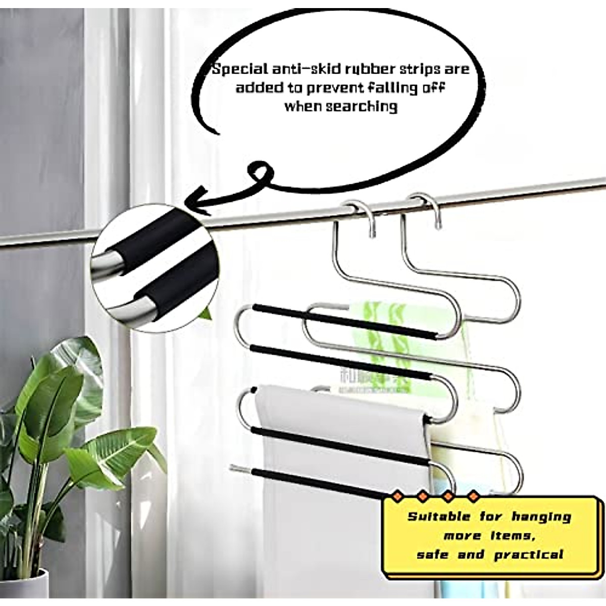 5 Pack Pants Hangers S-Shape Non-Slip Space Saving Hangers Stainless Steel Clothes Hangers Closet Organizer for Scarf Pants Hanging Jeans Towels