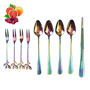 [9-Pack] Grapefruit Spoons and Grapefruit Knife Set, With 4 Stainless Steel Serrated Spoon and 1 Serrated Knife and 4 Dessert Forks, Rainbow Color