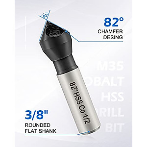 Countersink Drill Bit, TiAlN Coatied M35 Cobalt Steel Bit, 82 Degree Point Angle, 3/8" Round Shank, 1/2" Body Diameter for Hard Metal Wood Plastic Glass Deburring Chamfer Tool (82 Degree)
