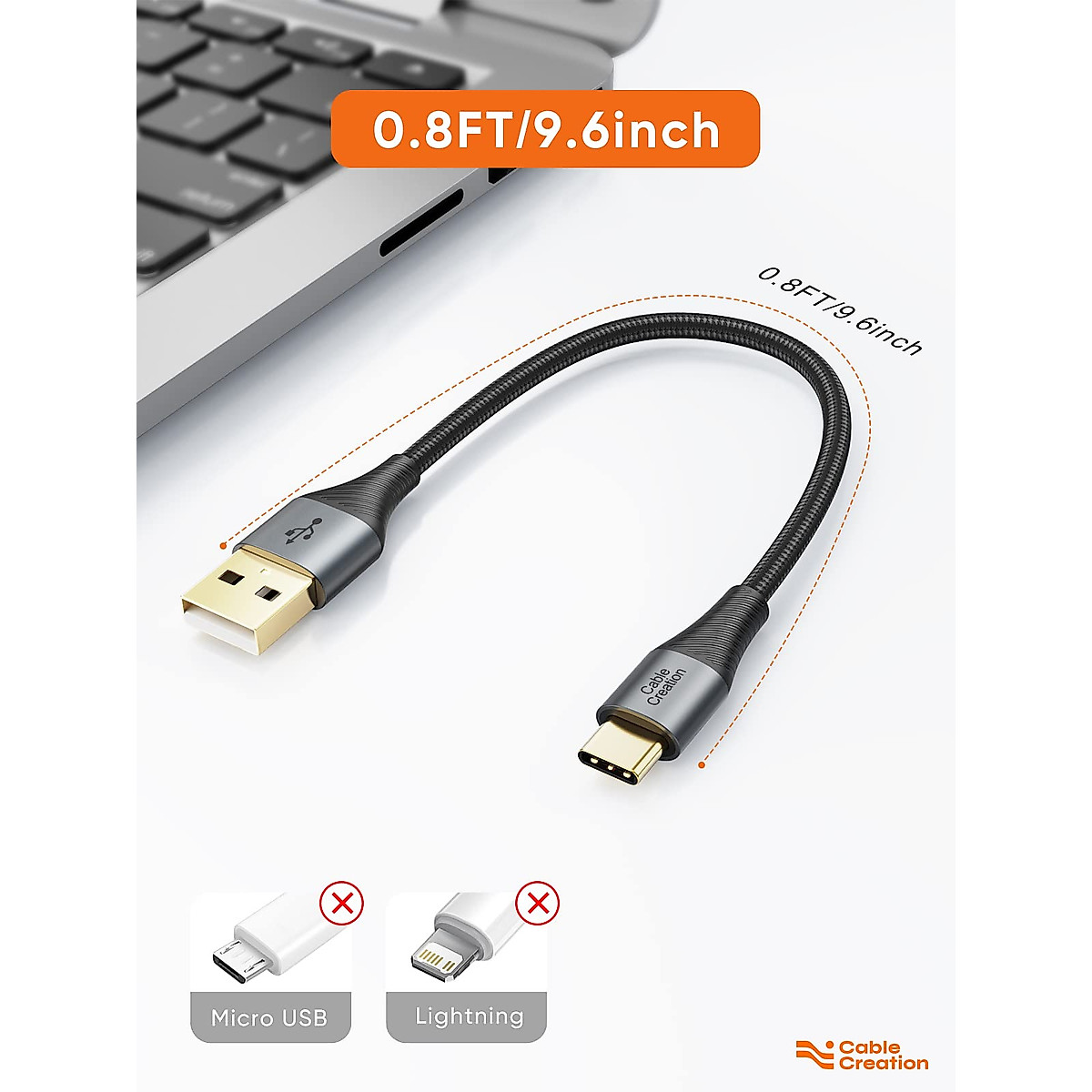 CableCreation Short USB to USB C Cable 0.8ft, USB C Charger Cable Braided for Car Carplay, Galaxy S23 S23+ S22+ S22 S21 S20 Note 20, MacBook, iPad Mini 6, iPad Pro 2020, 0.2m