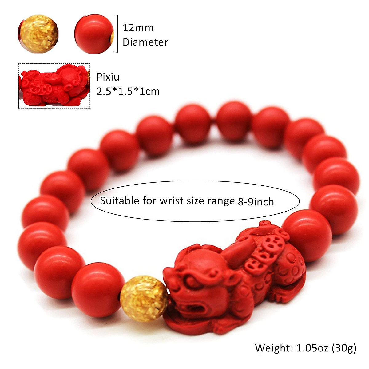 Feng Shui Amulet Bracelet Prosperity Red Bead Bracelet with Charm Red Pi Xiu/Pi Yao Attract Lucky Wealthy Bangle for Women/Men(12mm&1 Pixiu)