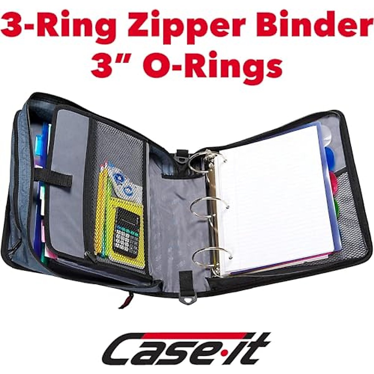Case-it Mighty Zip Tab Zipper Binder, 3" O-Ring with 5-Color tabs, Expanding File Folder and Shoulder Strap and Handle, D-146-JBK Jet Black