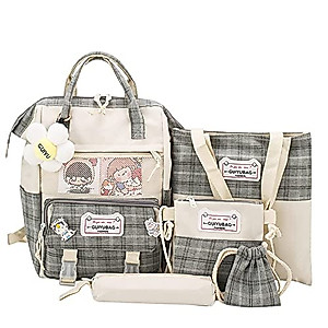 5pcs Kawaii Backpack Set For Teens Cute Backpack with Pins and Pendant Aesthetic Girls Trendy Tote Bag (Grey)