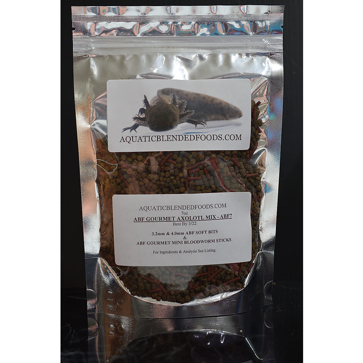 AQUATICBLENDEDFOODS Gourmet Axolotl Soft Food Pellet Mix 3.2mm & 4.0mm & Mini BLOODWORM Sticks (2oz) - ABF7