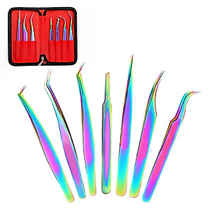 Eyelash Extension Tweezers Set, Fangze 7 Pcs Lash Kit Rainbow Stainless Steel Straight and Curved Tweezer for Nail Art Ingrown Hair Craft