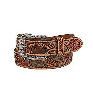 ARIAT Ladies Calf Hair Underlay Red Flower Belt, Tan, Small