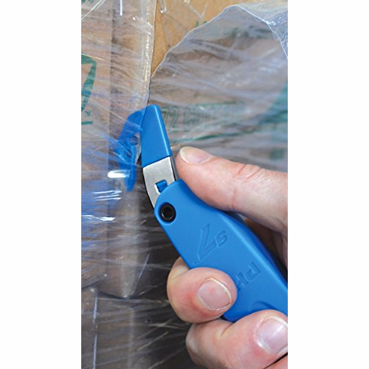 Pacific Handy Cutter S7 Safety Cutter, 3-in-1 Self-Retractable Utility Knife with Fold-Out Film Cutter, Bladeless Tape Splitter, Guard for Safety & Damage Prevention , Blue
