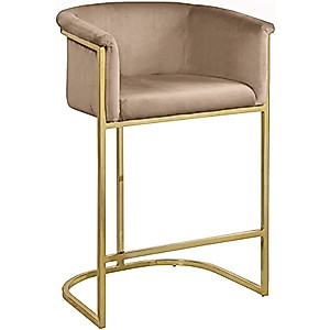 Meridian Furniture Donatella Collection Modern | Contemporary Velvet Upholstered Counter Height Stool with Durable Steel Base in Gold Finish, Beige, 23.5" W x 20" D x 36" H