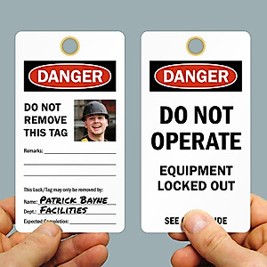 SmartSign "Do Not Operate - Equipment Locked Out" 2 - Sided Photo Lockout Tag | 6" x 3.25" Vinyl with Self-Laminating Clear Flap, Pack of 25