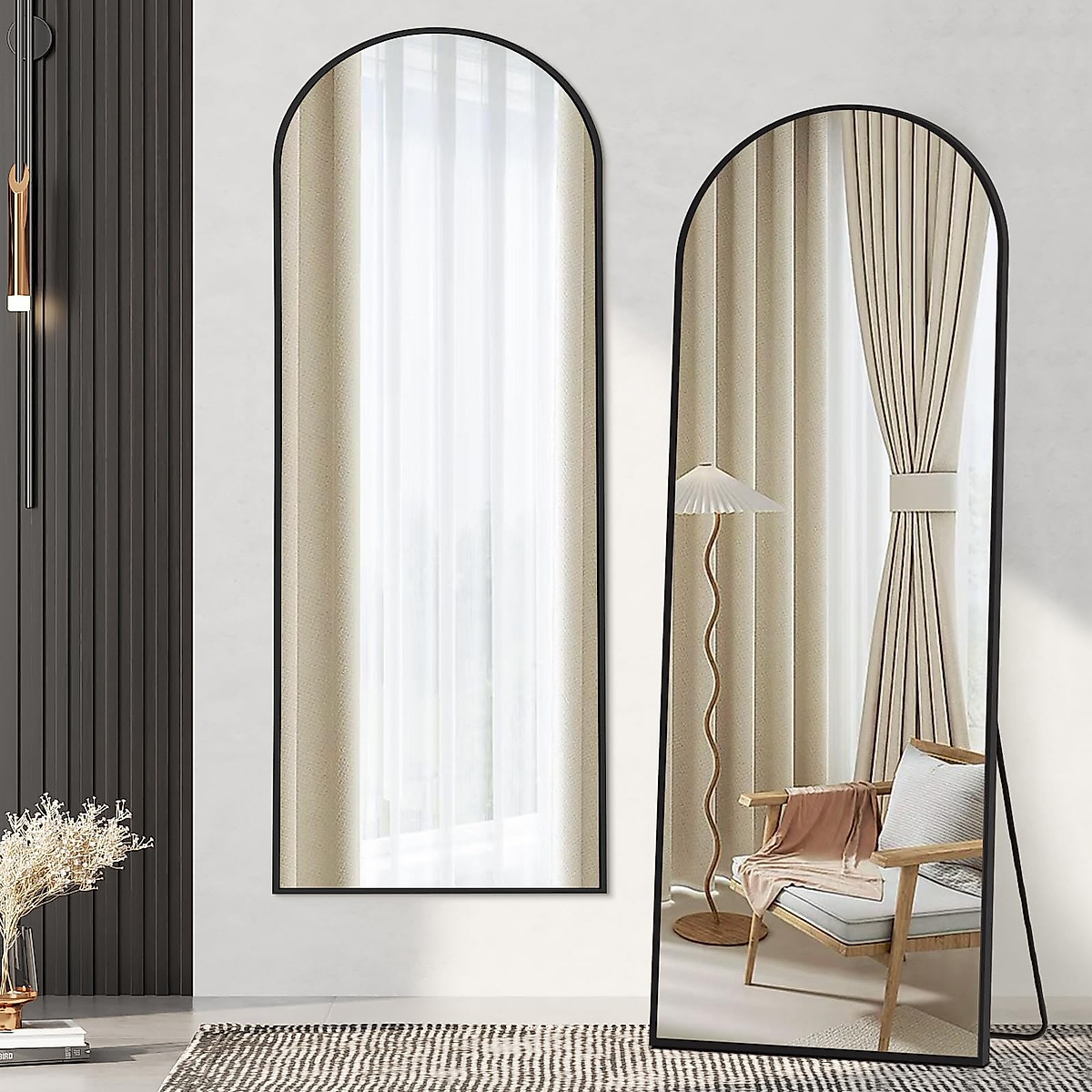 BOGDA 64"x21" Arched Full Length Floor Mirror with Stand, Aluminium Metal Frame for Wall Mounted Full Body Mirrors Leaning Body Hanging Wall Mirror for Bedroom Living Room Dressing Mirrors-Black
