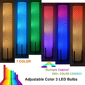 LEONC Design Wello Column 61inch Floor Lamp, Standing Lamp Included 3 Color Changing RGB LED Bulb with Remote, White Linen Shade and Asian Bamboo Base for Living Room Bedroom (61inch-Black Stripe)
