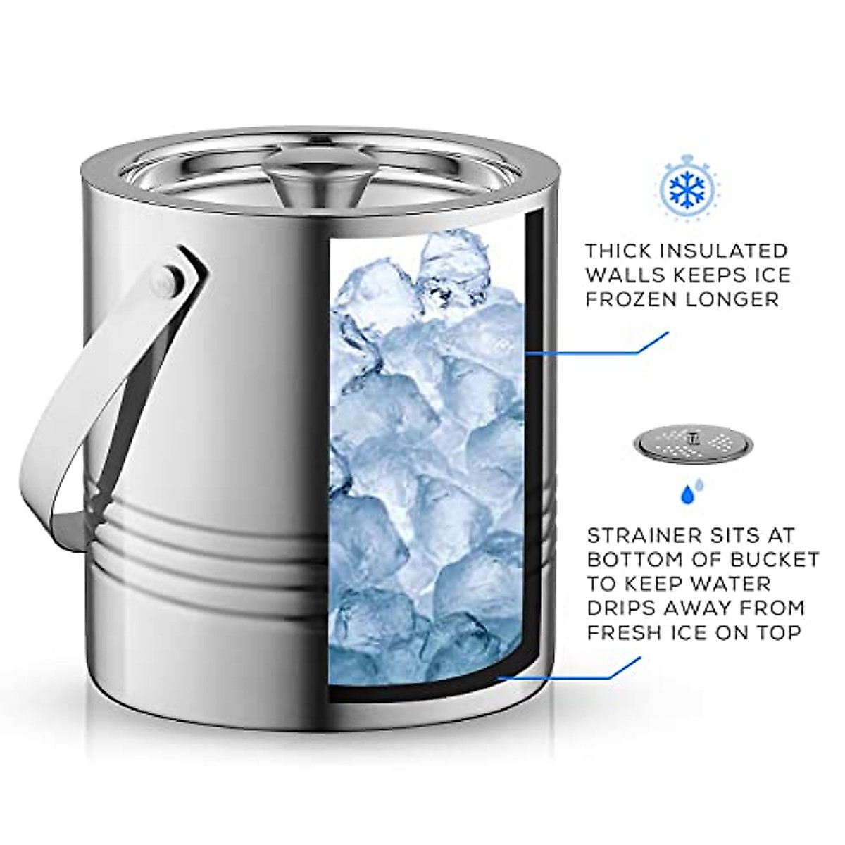 JoyJolt Metal Double Wall Ice Bucket with Lid, Ice Tongs and Strainer. 3L Insulated Ice Bucket for Cocktail Bar, Wine, Home Bar Accessories, Parties, Champagne Bucket. Stainless Steel Ice Buckets