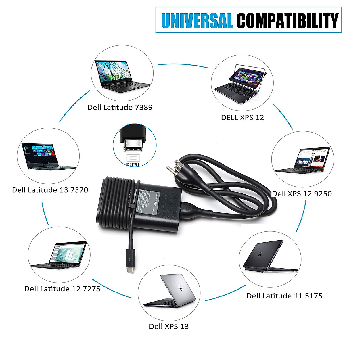 65W Type C USB C Charger LA65NM170 DA65NM170 for Dell Chromebook 11 3380 5190;Inspiron 13 5310;Latitude 12 5285 5289 5290 5300 5400 5500 7200 7275 7285 7300 7370 7389 7390;XPS 9250 9350 9360 9365 9370