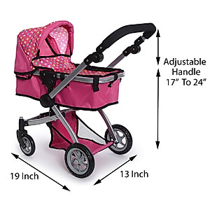 Fash N Kolor | Foldable Pram for Baby Doll with Flower Design with Swiveling Wheel Adjustable Handle Bassinet Stroller with Baby Doll, Convertible Seat, and Basket, and Free Carriage Bag