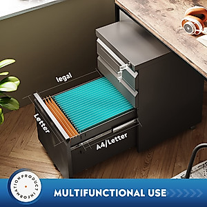 DEVAISE 3 Drawer Mobile File Cabinet with Lock, Under Desk Metal Filing Cabinet for Legal/Letter/A4 File, Fully Assembled Except Wheels, Black