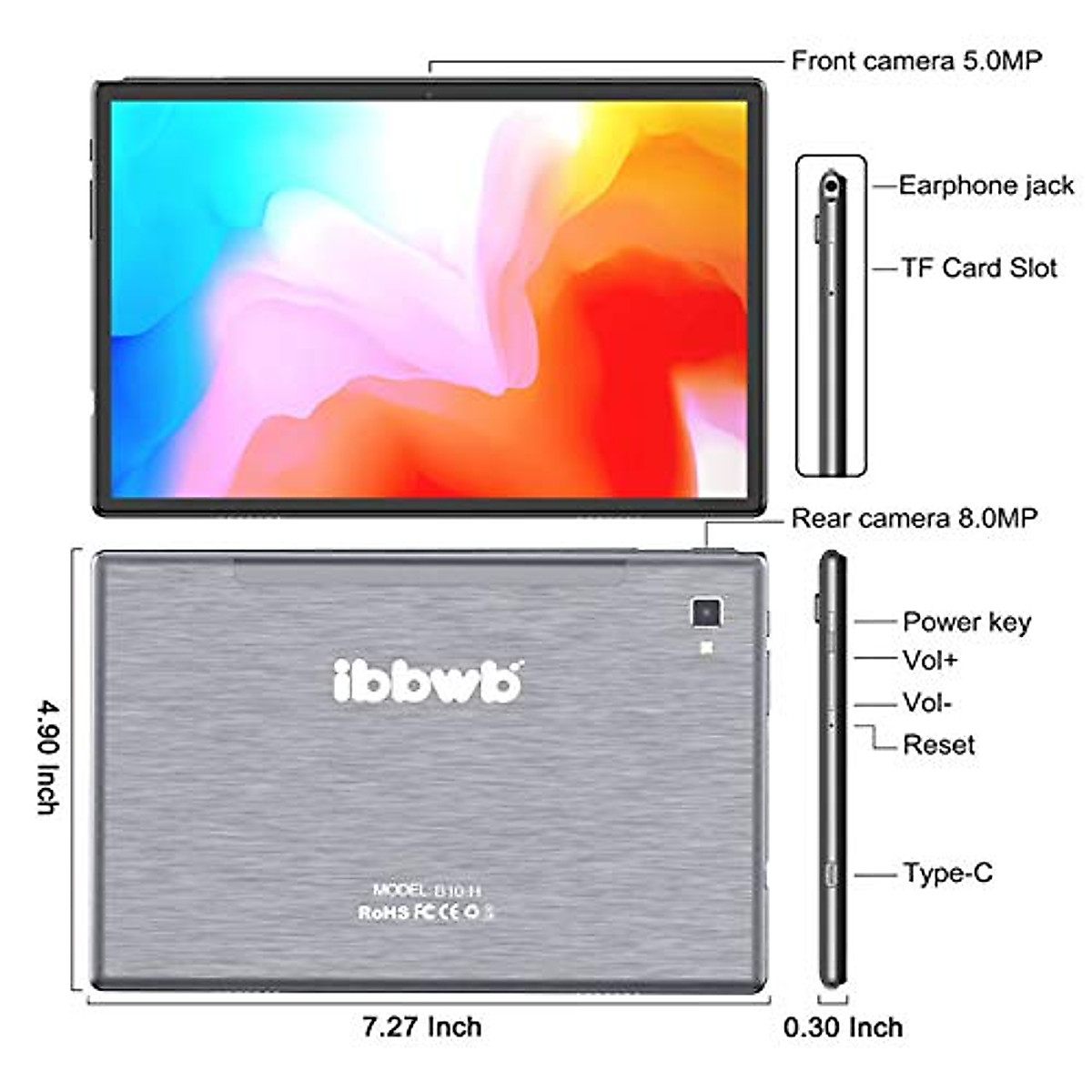 IBBWB Tablet 10 inch Android 9.0 Pie, Octa-Core Processor,5G WiFi,2GB RAM, 32GB ROM, 5MP+13MP Dual Cameras,IPS HD Display, Bluetooth 5.0, USB C,GPS,Metal Body,Gray