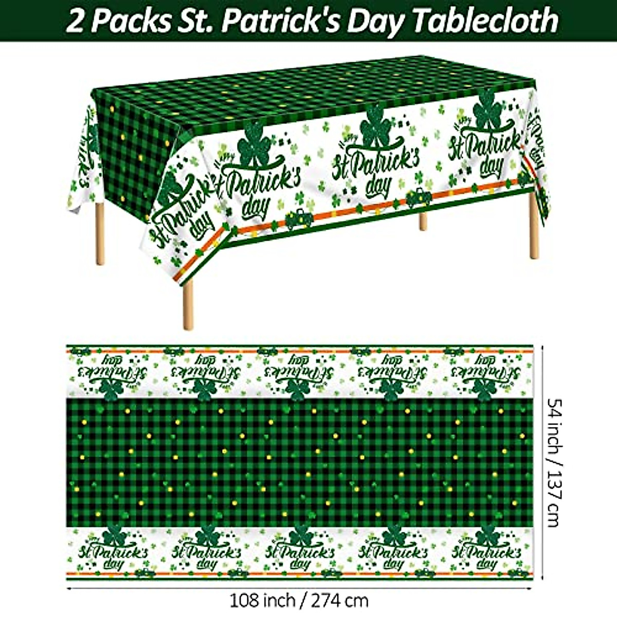 durony 2 Pack St Patrick's Day Tablecloth Green Shamrock Buffalo Plaid Table Cover Waterproof Plastic Tablecloth for St Patrick's Day Party Supplies Table Decorations, 108 x 54 Inch