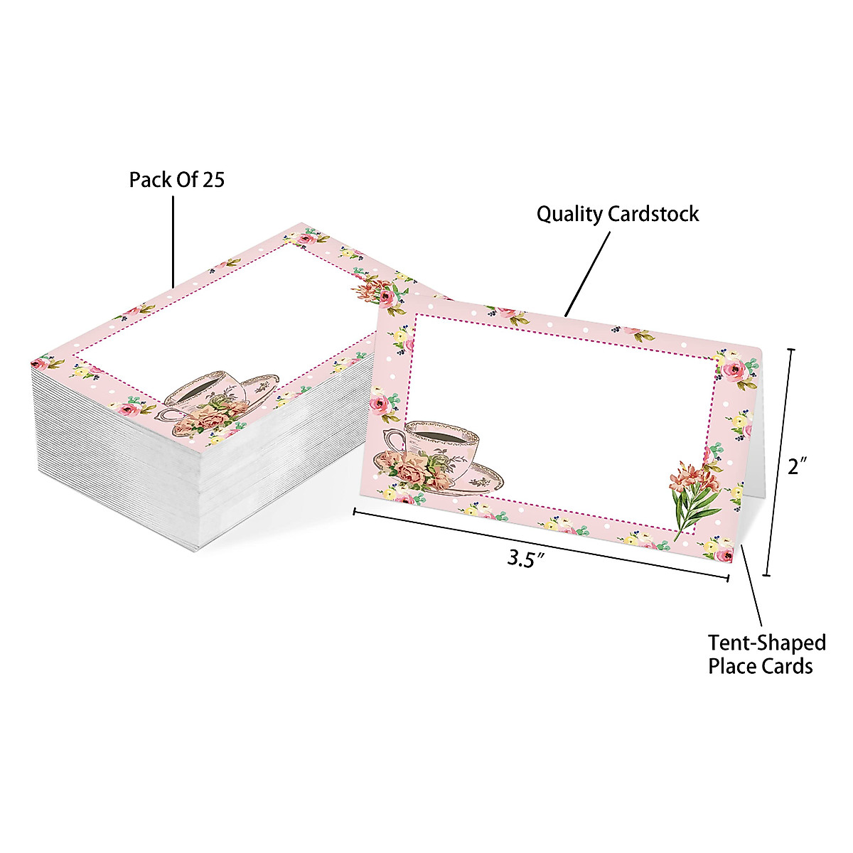 Table Place Card, Tea Party Themed Tent Style Cards, Pack of 25 Half-Fold Reception Place Card, Perfect for Bride Shower, Birthday Party, Banquet and Special Events C26
