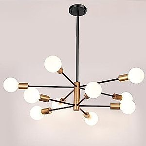 Sheetea 10-Light Sputnik Chandelier, Black and Gold Chandeliers Pendant Lighting, Modern Farmhouse Dinning Room Light Fixture Mid Century Brass, Height Adjustable for Living Room Kitchen Island