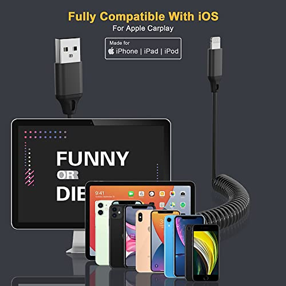 Coiled Lightning Cable Apple Carplay & MFi Certified, Retractable iPhone Charger with Data Transmission, Short iPhone Charger Cord for iPhone/Pad/Pod