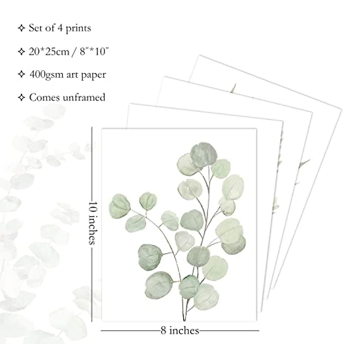 Howwii Botanical Boho Bathroom Decor Wall Art Prints, UNFRAMED Sage Green Plants Decor for Bedroom|Office, Minimalist Eucalyptus Leaves Watercolor Art Prints, Set of 4 Pictures, 8"x10" No Frames