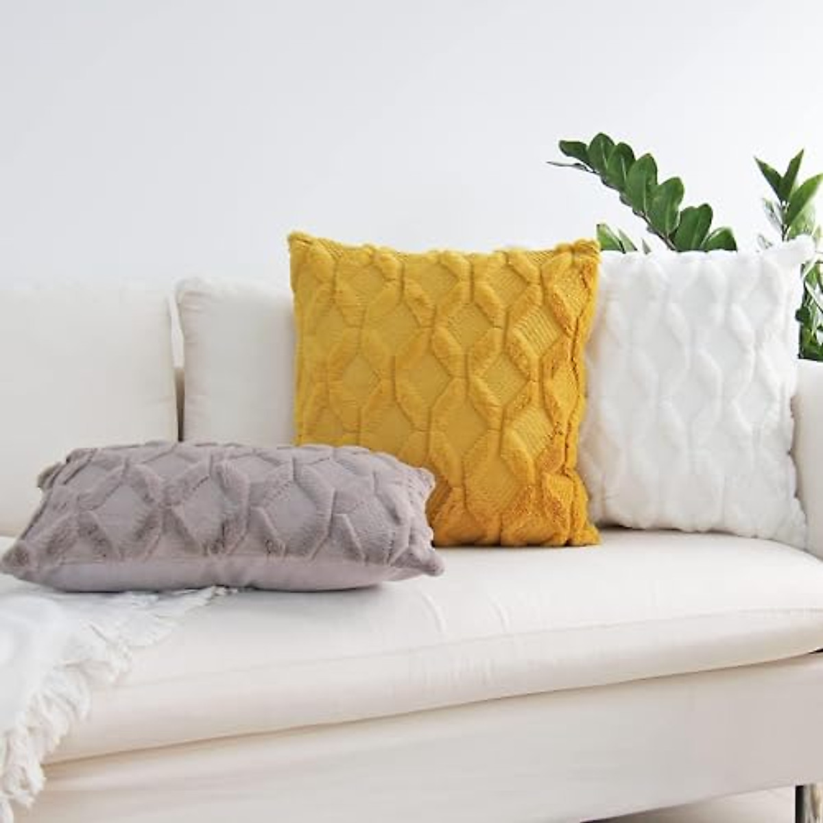 JOJUSIS Plush Short Wool Velvet Decorative Throw Pillow Covers Luxury Style Cushion Case Faux Fur Pillowcases for Sofa Bedroom Pack of 2 18 x 18 Inch Yellow