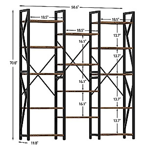 GAOMONTriple Wide 5 Tier Book Shelf, Tall Bookshelf with Open Display Shelves, Industrial Large Bookshelves and Bookcases with Metal Frame for Living Room, Bedroom, Home Office-Rustic Brown