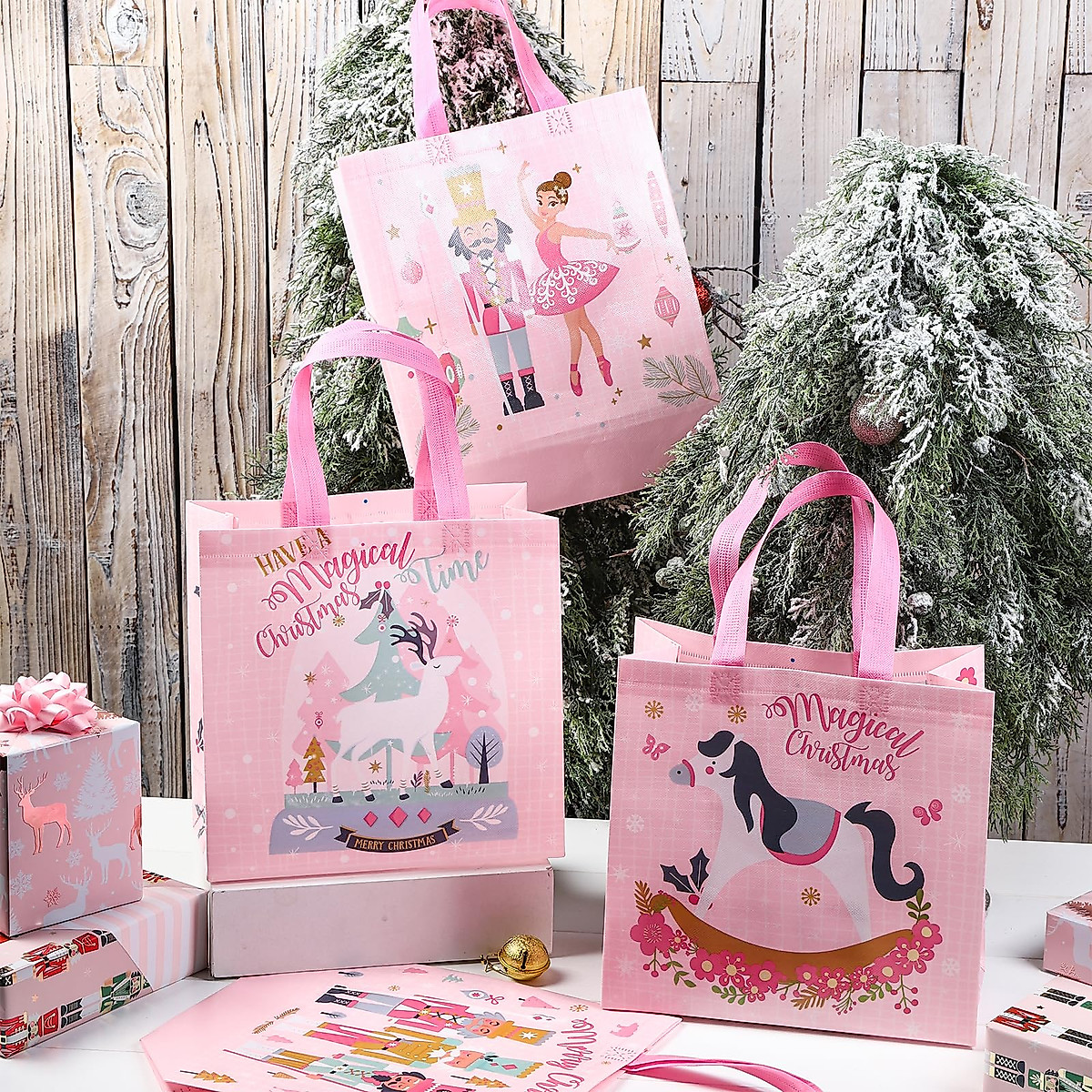 LeZakaa 12PCS Bags with Handles, Pink Recycled Bags, Treat Bags, Multifunctional Non-Woven Christmas Bags for Child, Kids - Cartoon Pattern, 10.5' x 5'x 10.5'