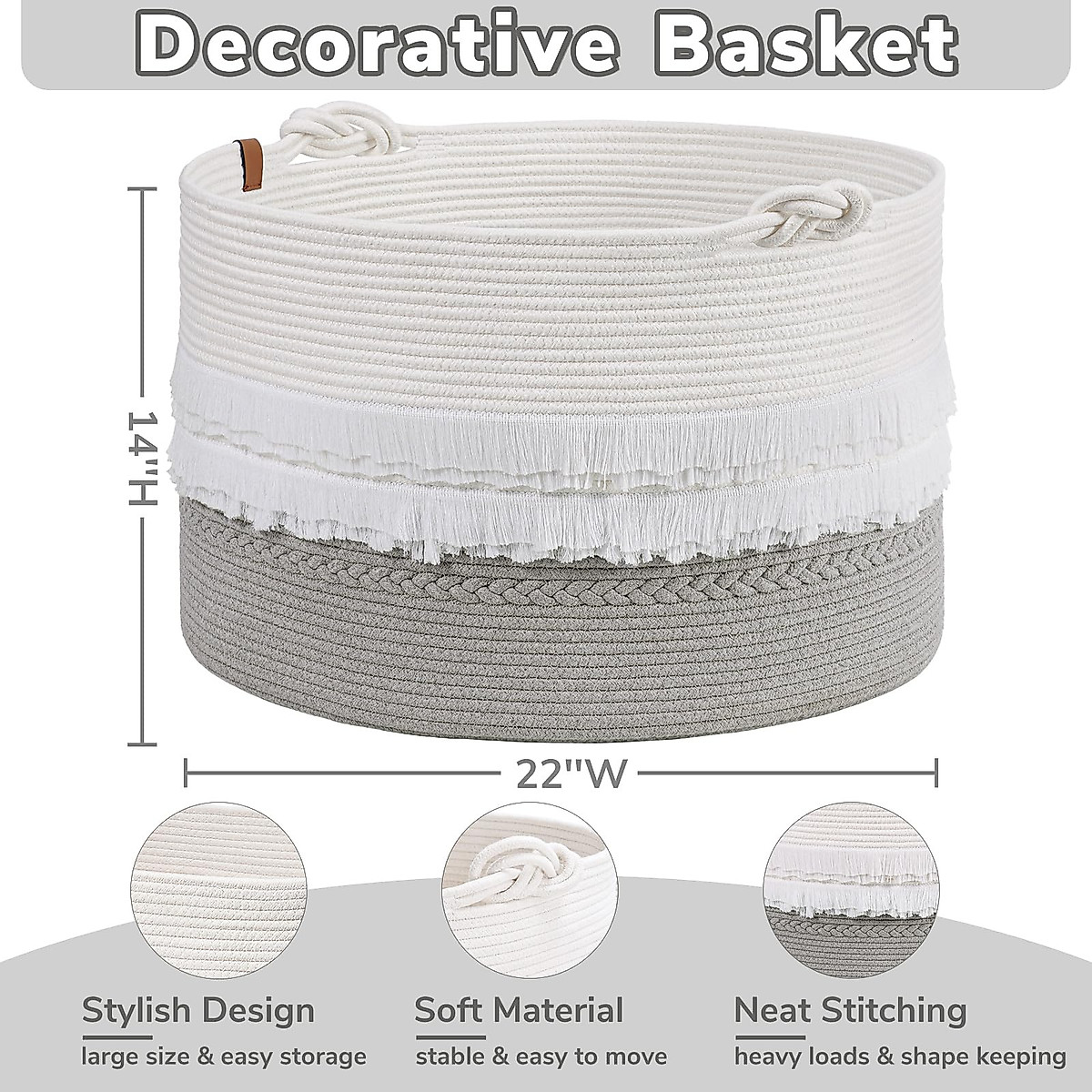 CherryNow Extra Large Rope Basket for Toys, Grey Blanket Basket for Living Room, Entryway, Nursery Laundry Basket for Clothes, 22 x 14 inches, 83L