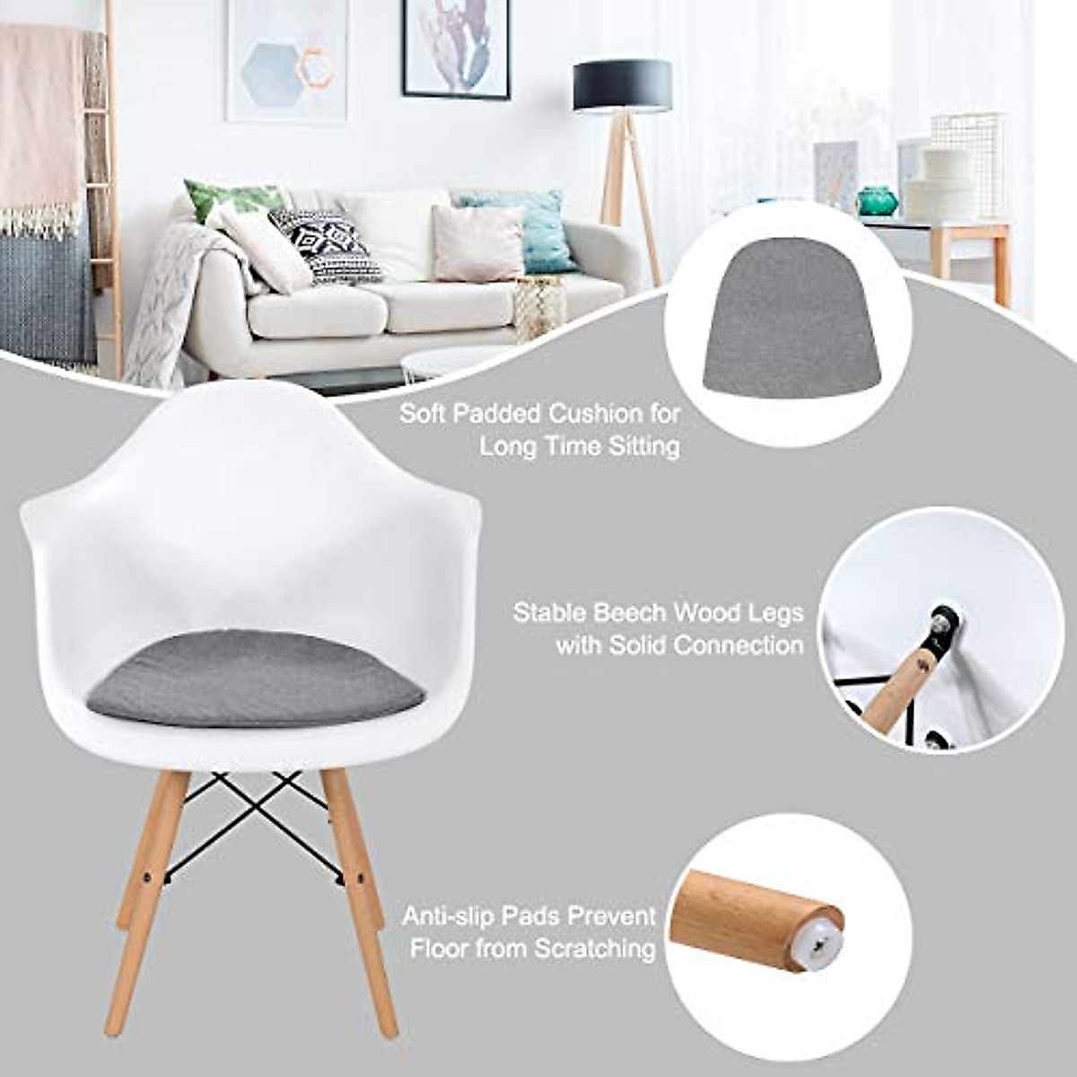 Giantex Dining Chairs Set of 4 White, Easily Assemble Modern Mid Century Dining Chairs with Wood Legs, Max Load to 330 Lbs, Plastic Kitchen Chairs with Arm for Dining Room