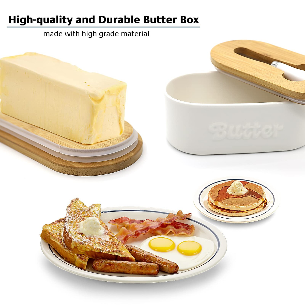 MBR FORCE Ceramic Butter Dish with Lid for Countertop Large White Farmhouse Butter Holder with Knife Butterdish Keeper Container Box